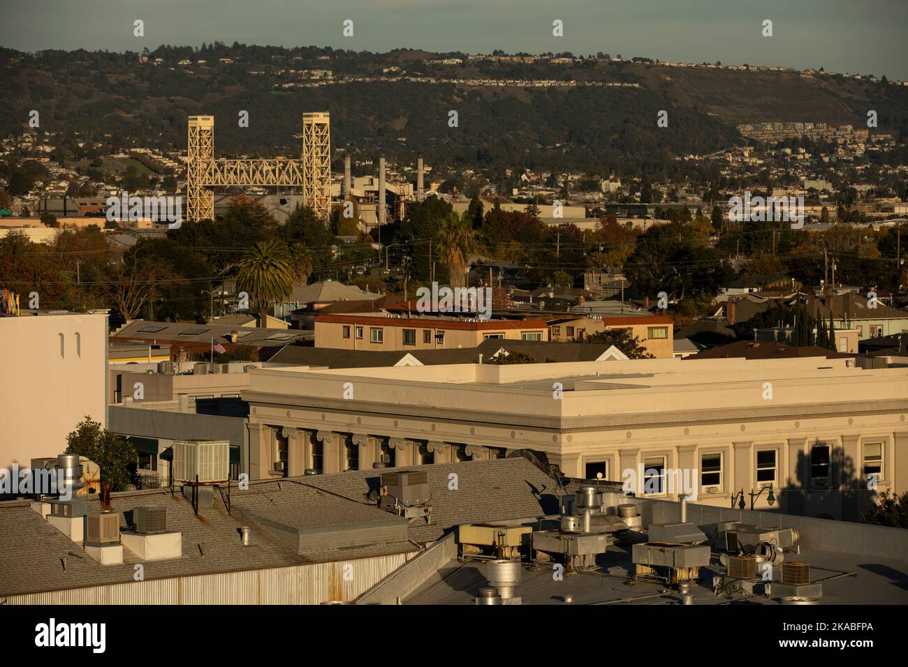 Late afternoon sun shines on the historic bay area city of downtown ...