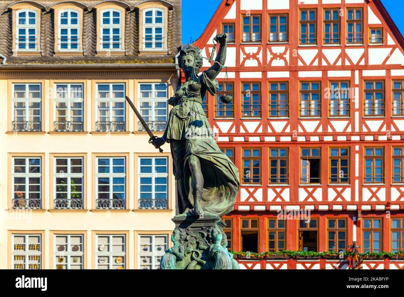Statue of Lady Justice in front of the Romer in Frankfurt - Germany ...