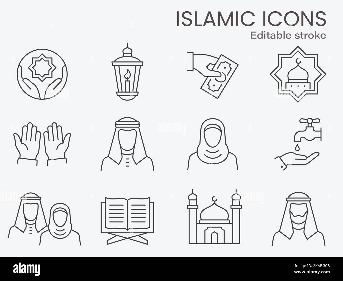 Islamic icons, such as muslim family, quran, ramadan and more. Editable ...