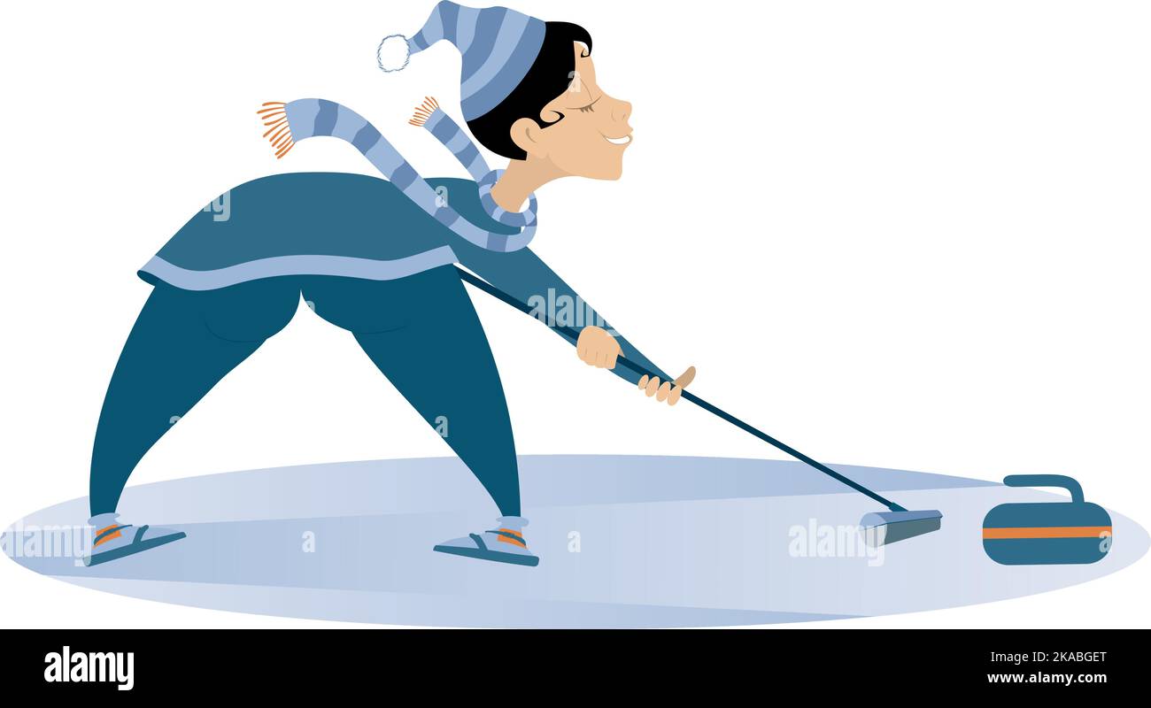 Smiling young woman playing curling isolated illustration. Young woman ...
