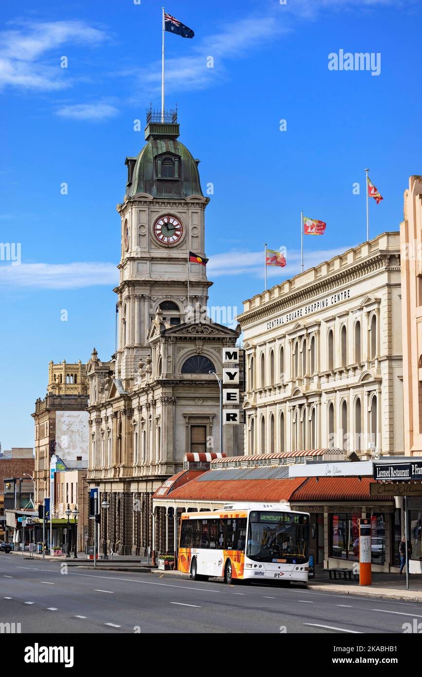 Ballarat Australia / Exterior view of Central Square Shopping Centre, and the 1872 Town Hall in ...