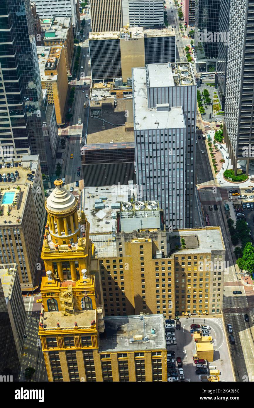 aerial of modern and historic buildings in downtown Houston in daytime ...