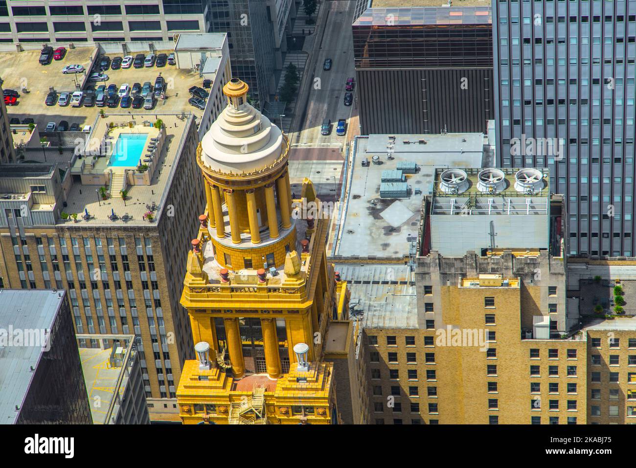 aerial of modern and historic buildings in downtown Houston in daytime ...