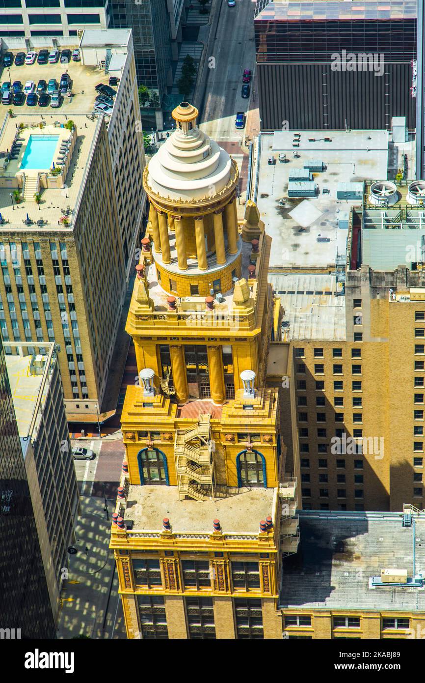aerial of modern and historic buildings in downtown Houston in daytime ...