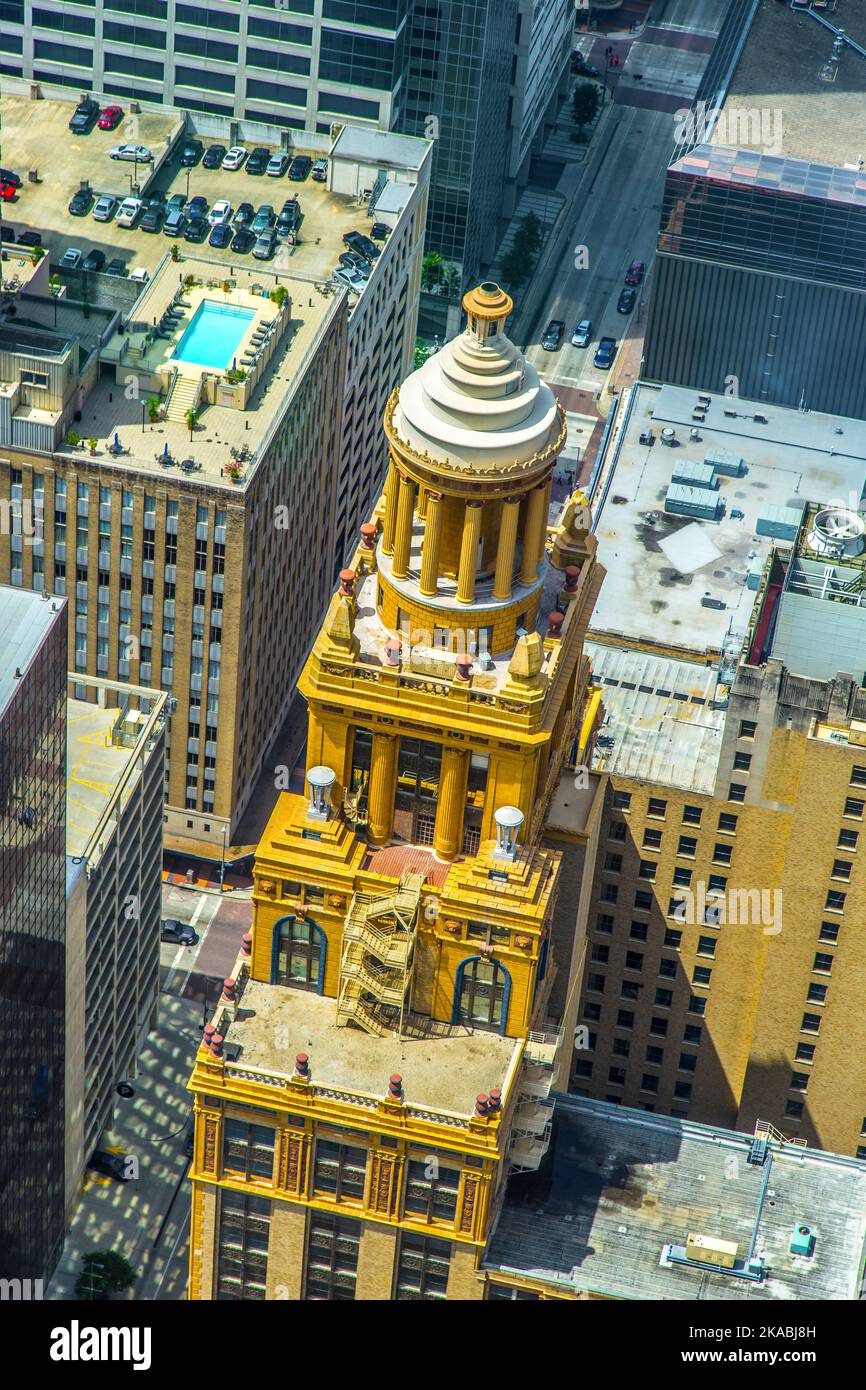 aerial of modern and historic buildings in downtown Houston in daytime ...