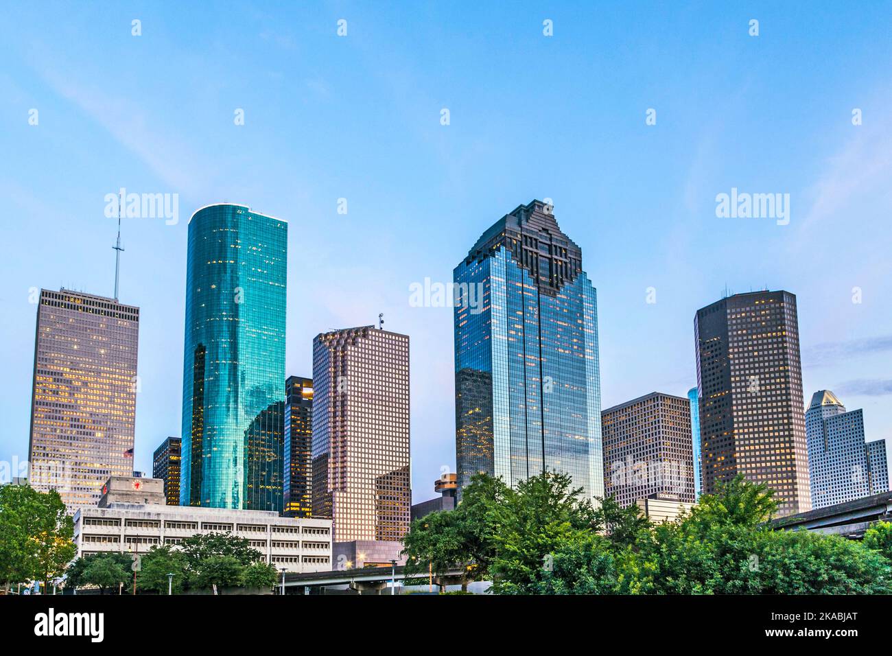 skyline of houston in the evening with bright lights Stock Photo - Alamy