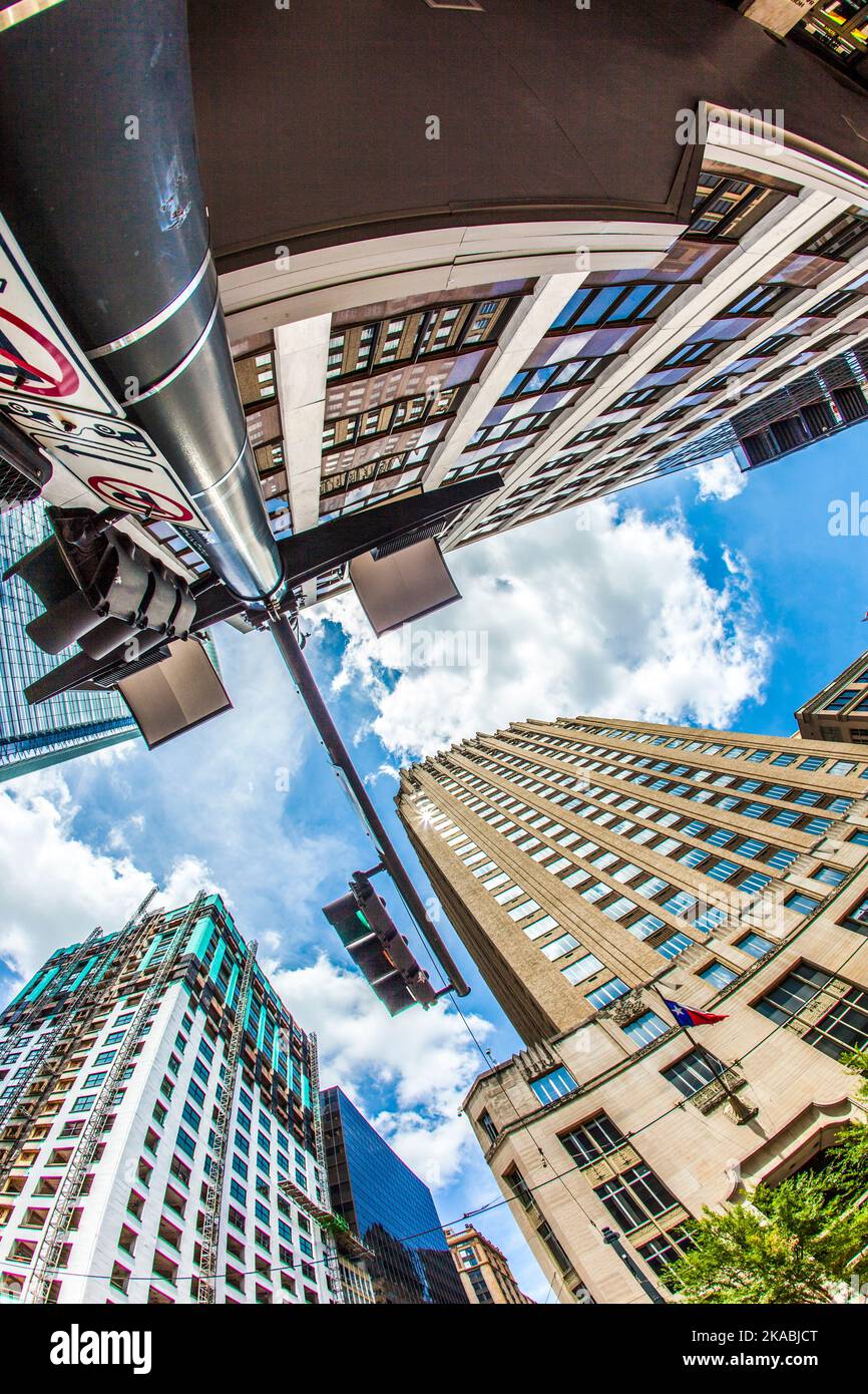 view to historic and modern skyscraper in downtown Houston in the ...