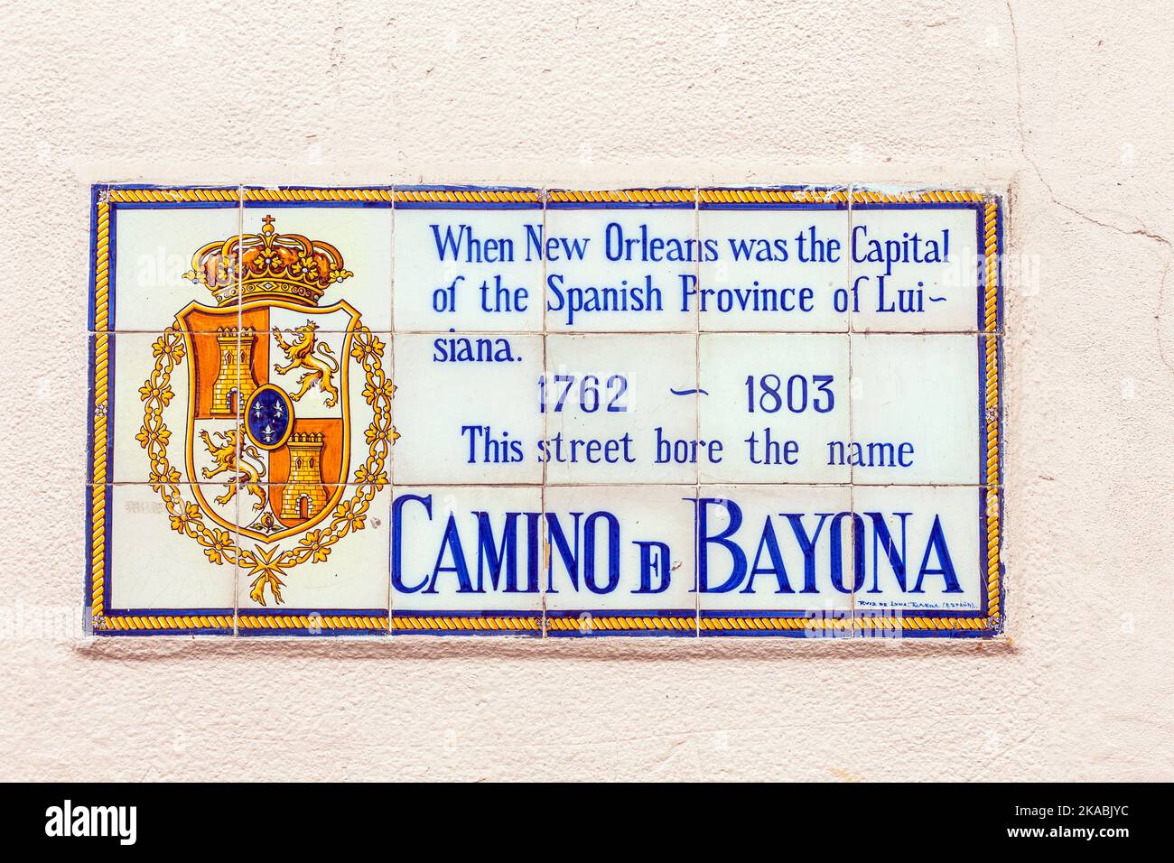 old street name Camino de Bayona painted on tiles in the French quarter ...