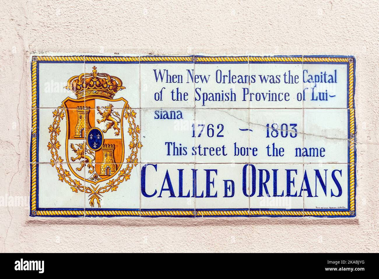 old street name Calle de Orleans painted on tiles in the French quarter ...