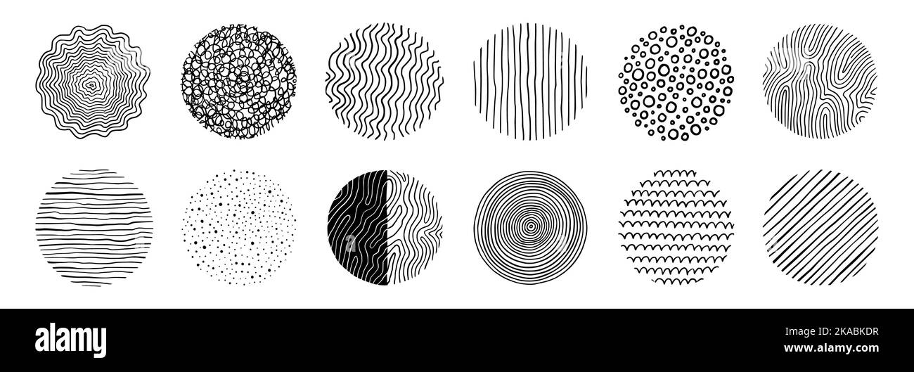 Abstract line pattern circle set. Hand drawn texture, doodle decorative ...