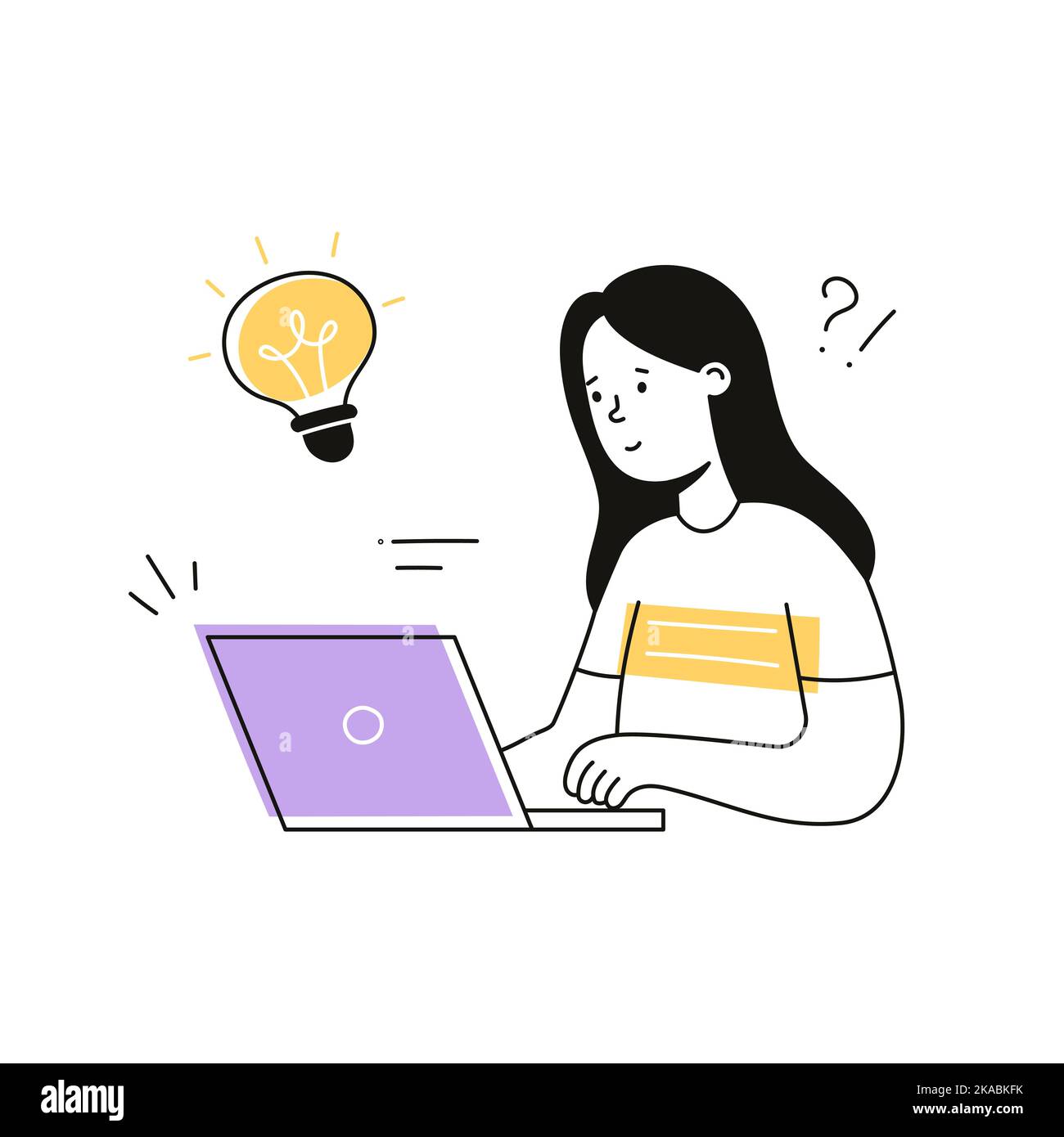 Idea bulb woman, work solution illustration. Doodle outline character ...