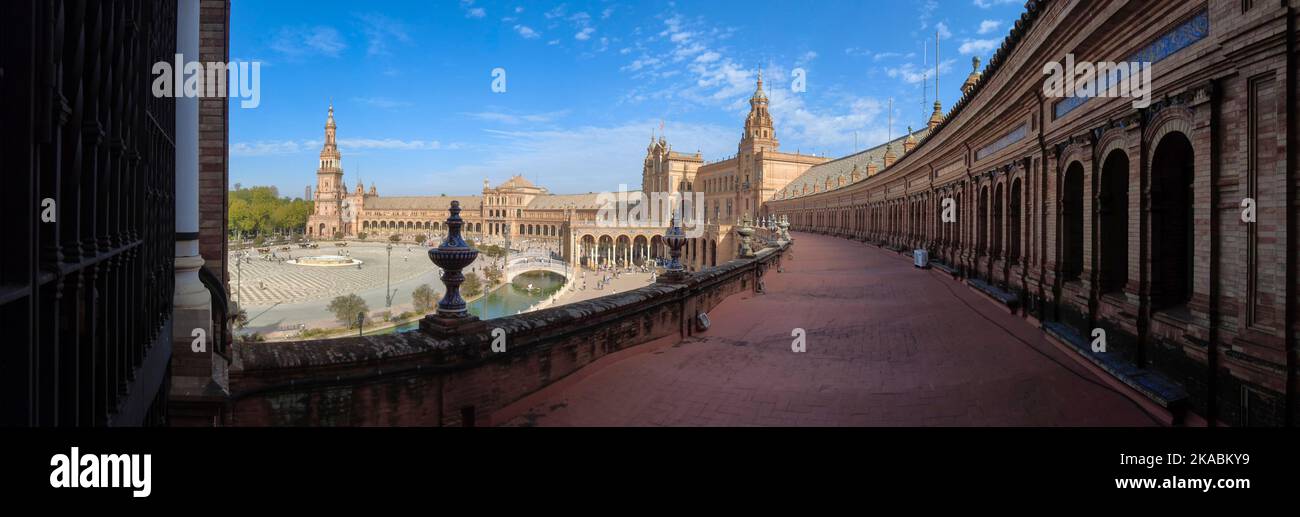 Panoramic view of the square of Spain in the city of Seville, Andalusia ...