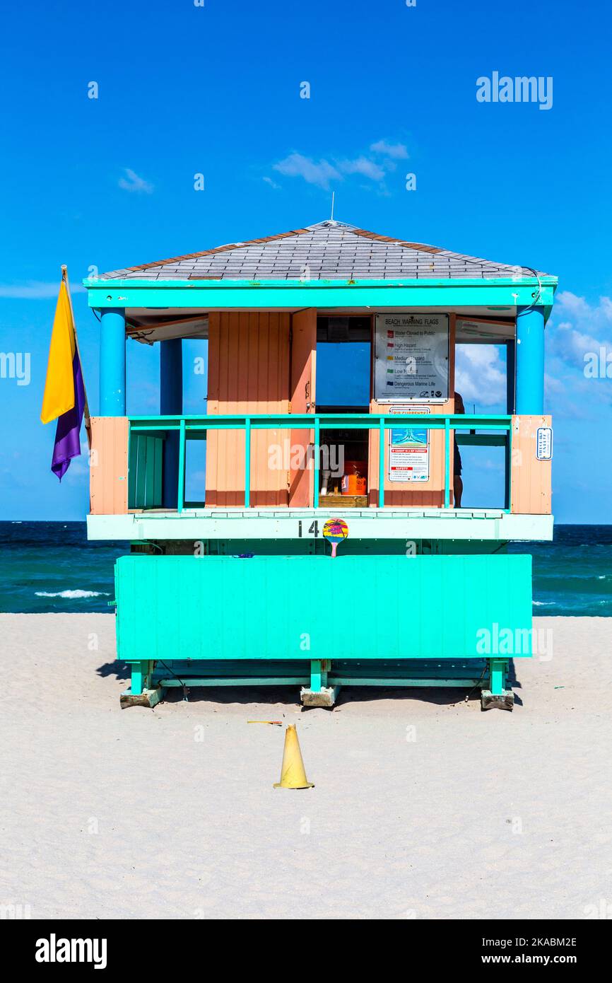 wooden life guard huts in art deco style at south beach Stock Photo - Alamy