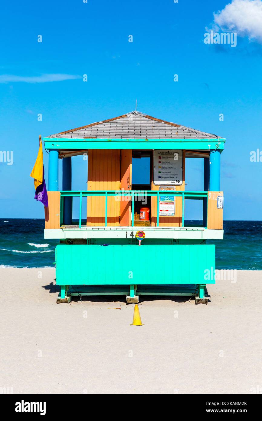 wooden life guard huts in art deco style at south beach Stock Photo - Alamy