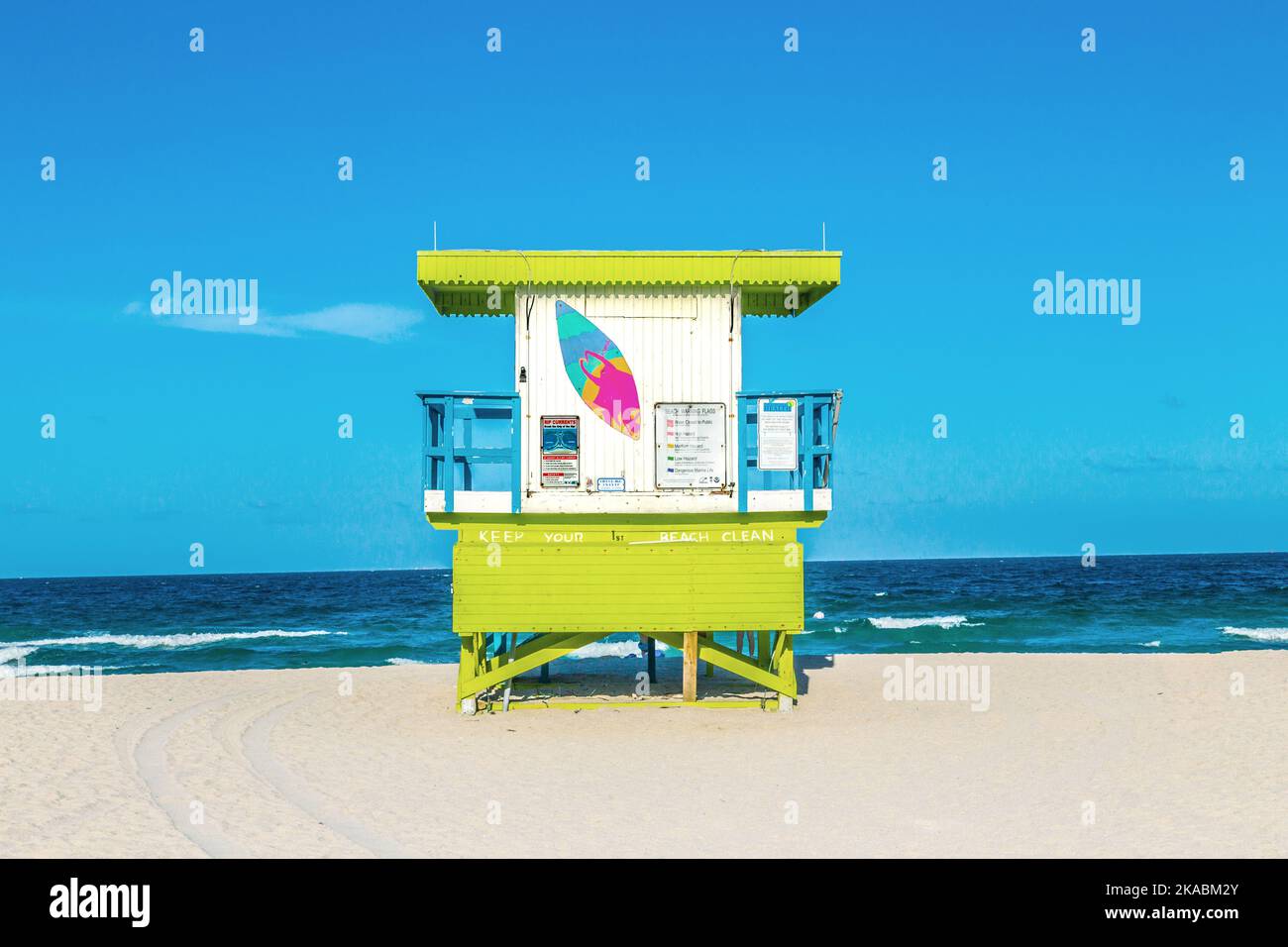 colorful lifeguard tower in Miami Beach, Florida with blue sky and ...