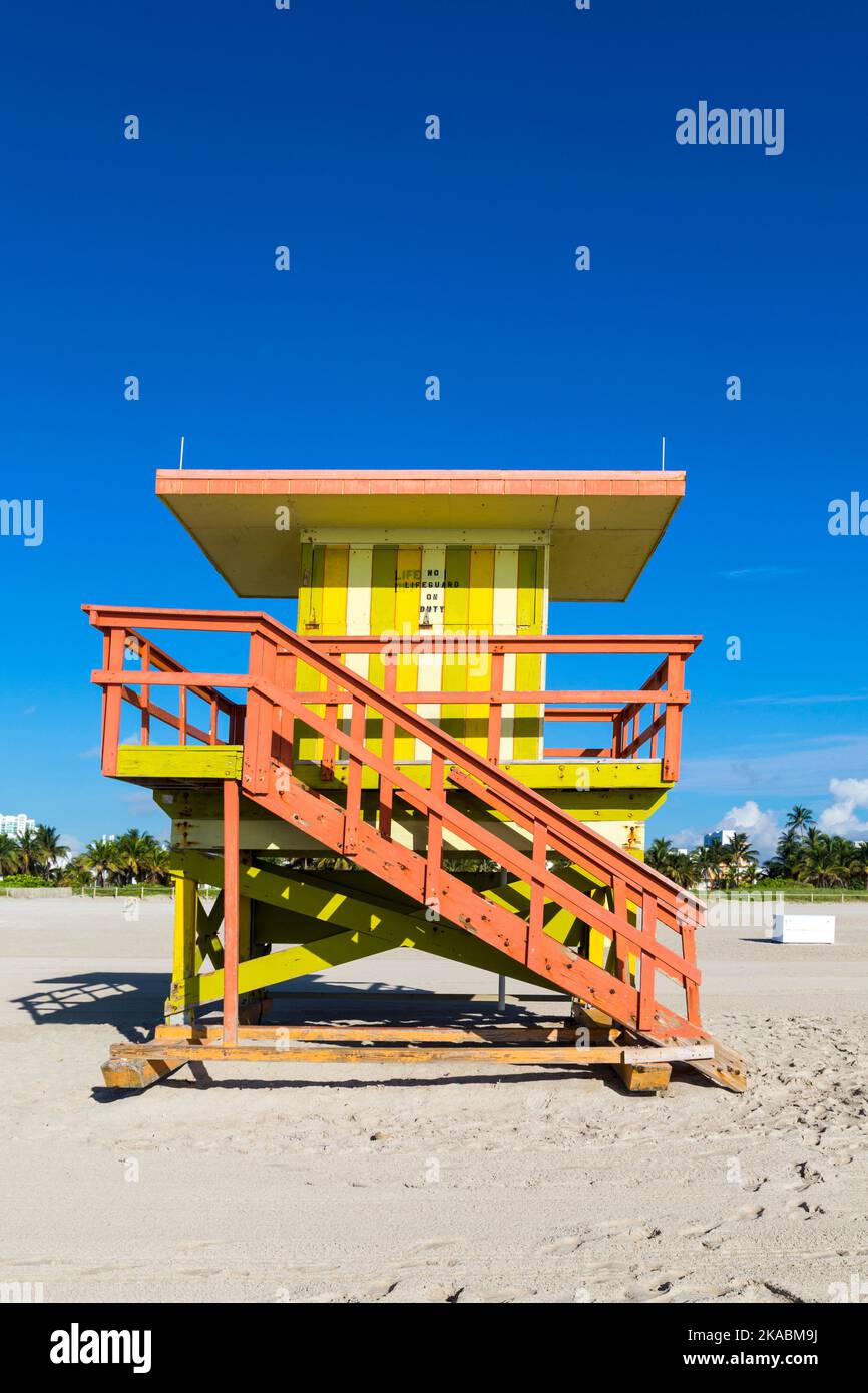 Lifeguard cabin on empty beach, Miami Beach, Florida, USA, safety ...