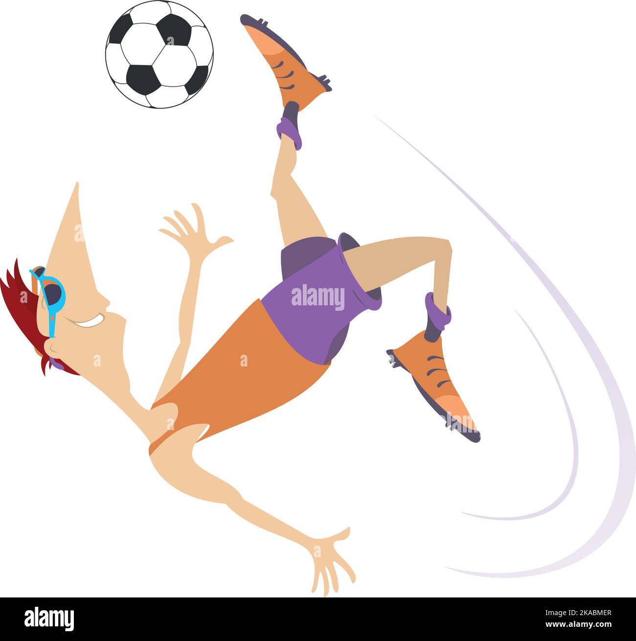 Cartoon football player kicks a ball over the head isolated on white ...