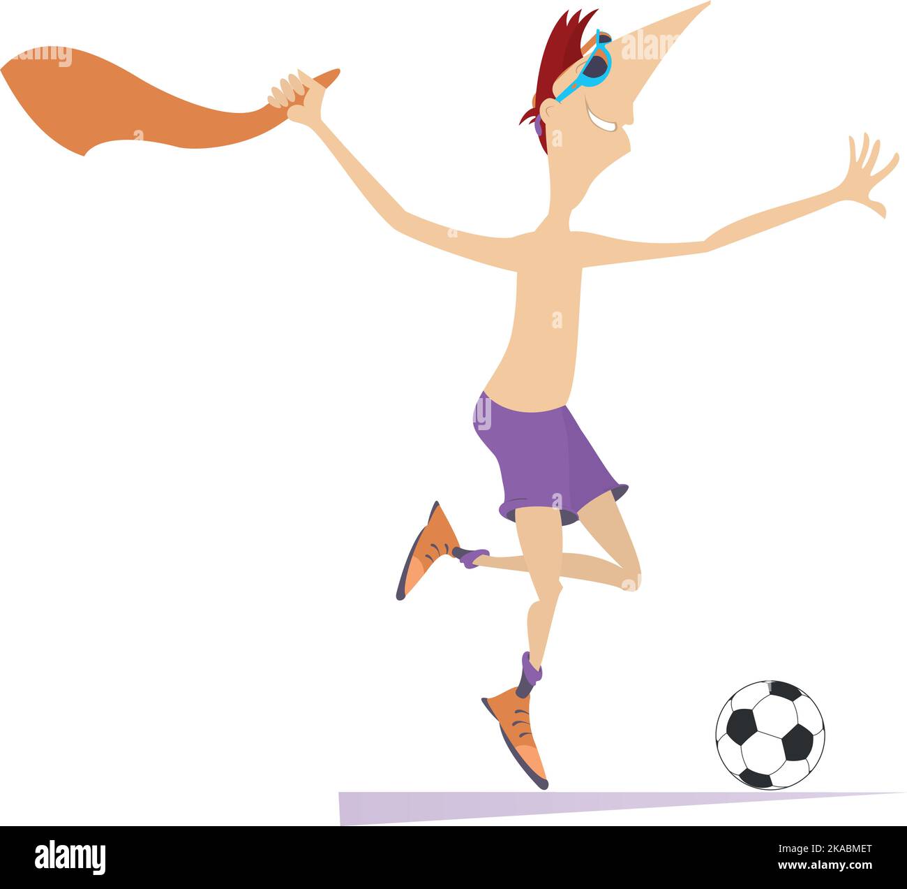 Smiling young man playing football . Cartoon running football player is ...