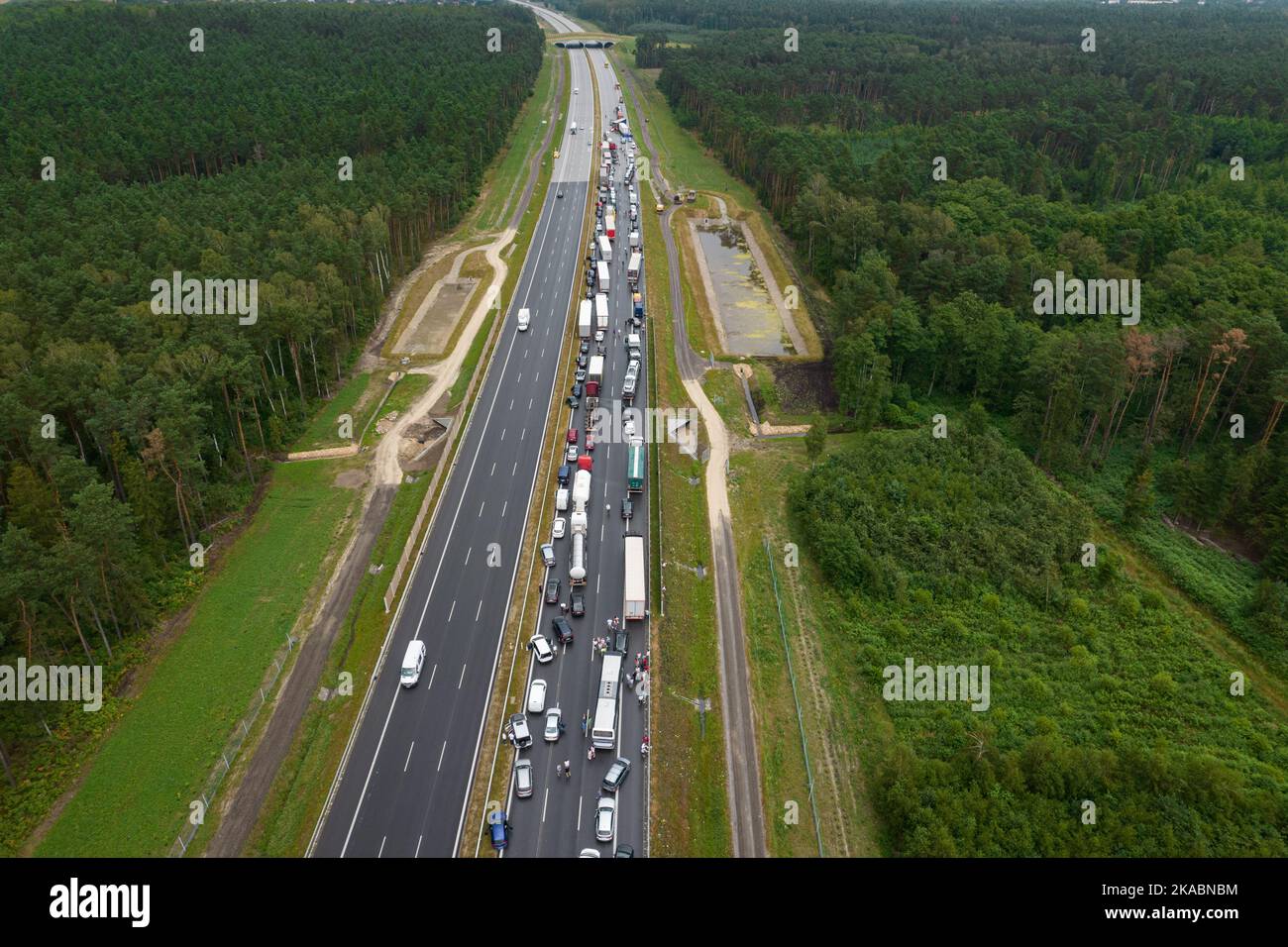 life corridor on the highway after a serious accident. Long blockage ...