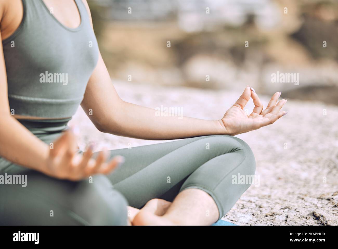 Woman, mudra hands and beach meditation for mental health, chakra ...
