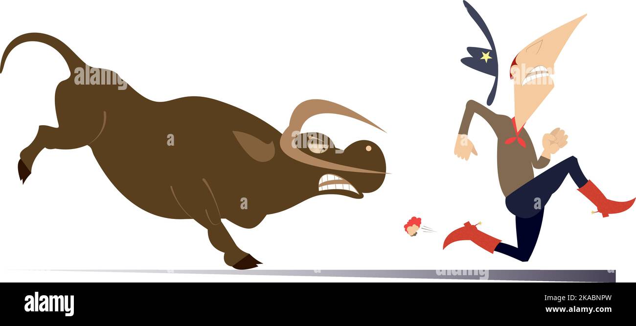 Farmer or cowboy and angry bull illustration. Frightened farmer or ...