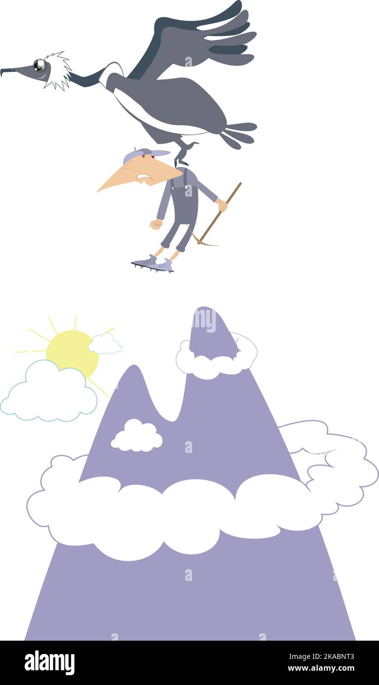 Climber and bird of prey in the mountain. Flying eagle or vulture holds ...