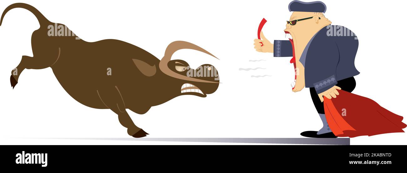 Cartoon bullfighter shouts at the angry bull illustration. Bullfighter ...