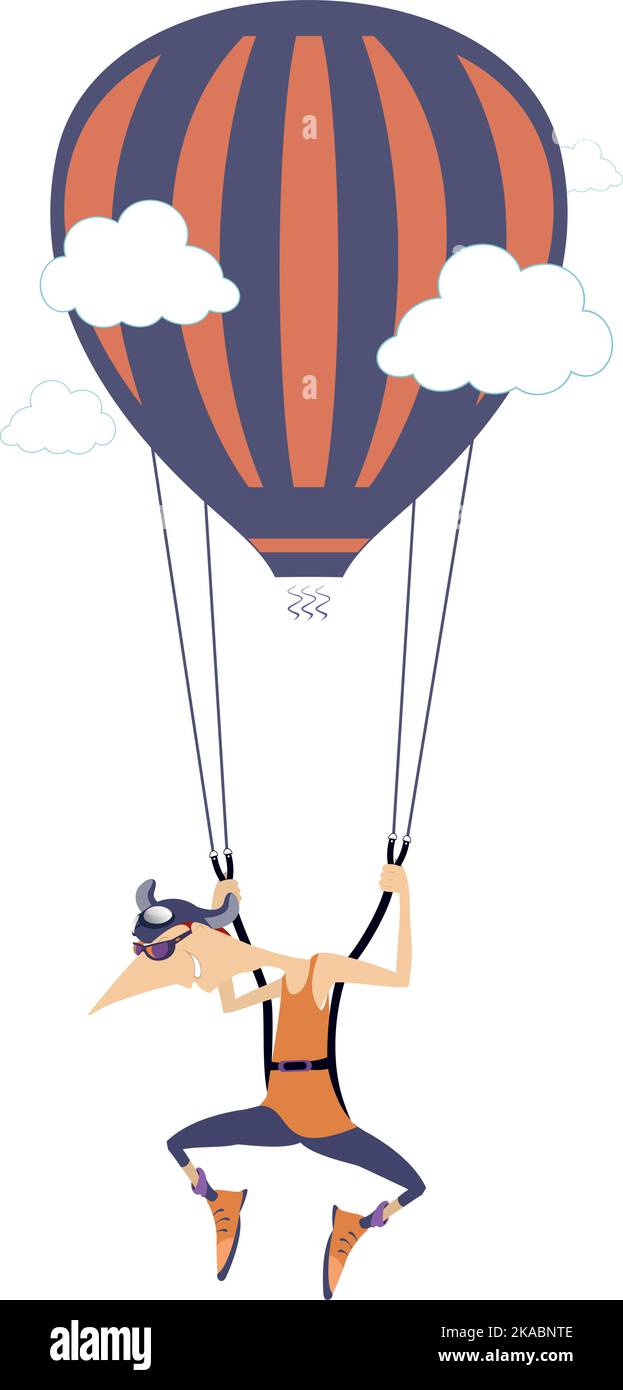 Cartoon skydiver flights on air balloon isolated illustration. Comic ...