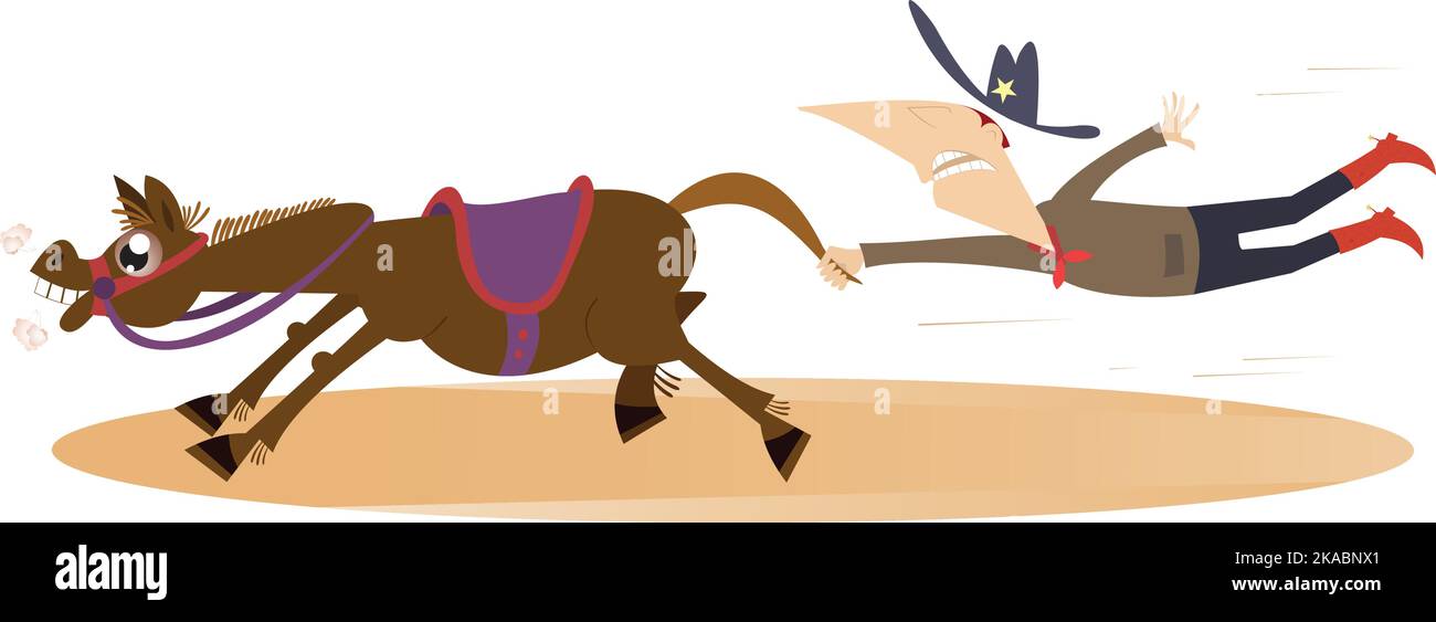 Cartoon rodeo illustration. Man or cowboy catches a running horse by ...