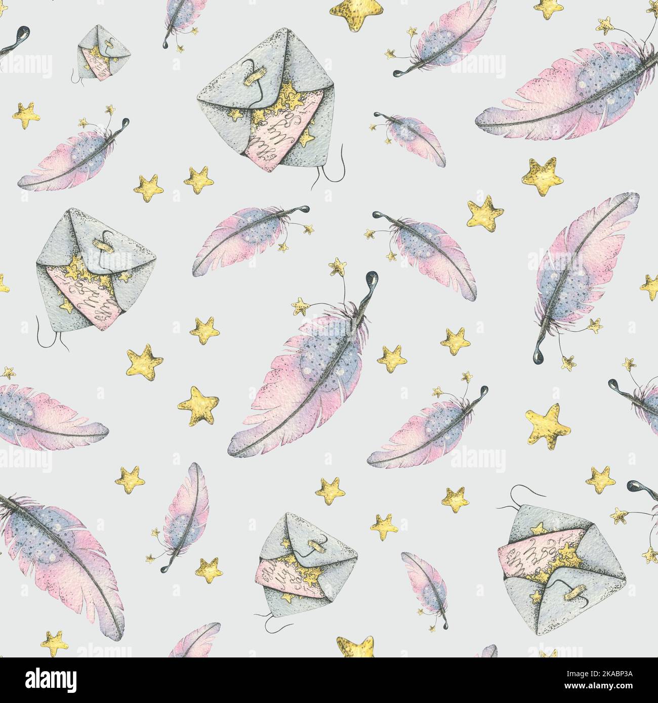 Magic letters for Santa Claus with feathers and stars on a pink ...