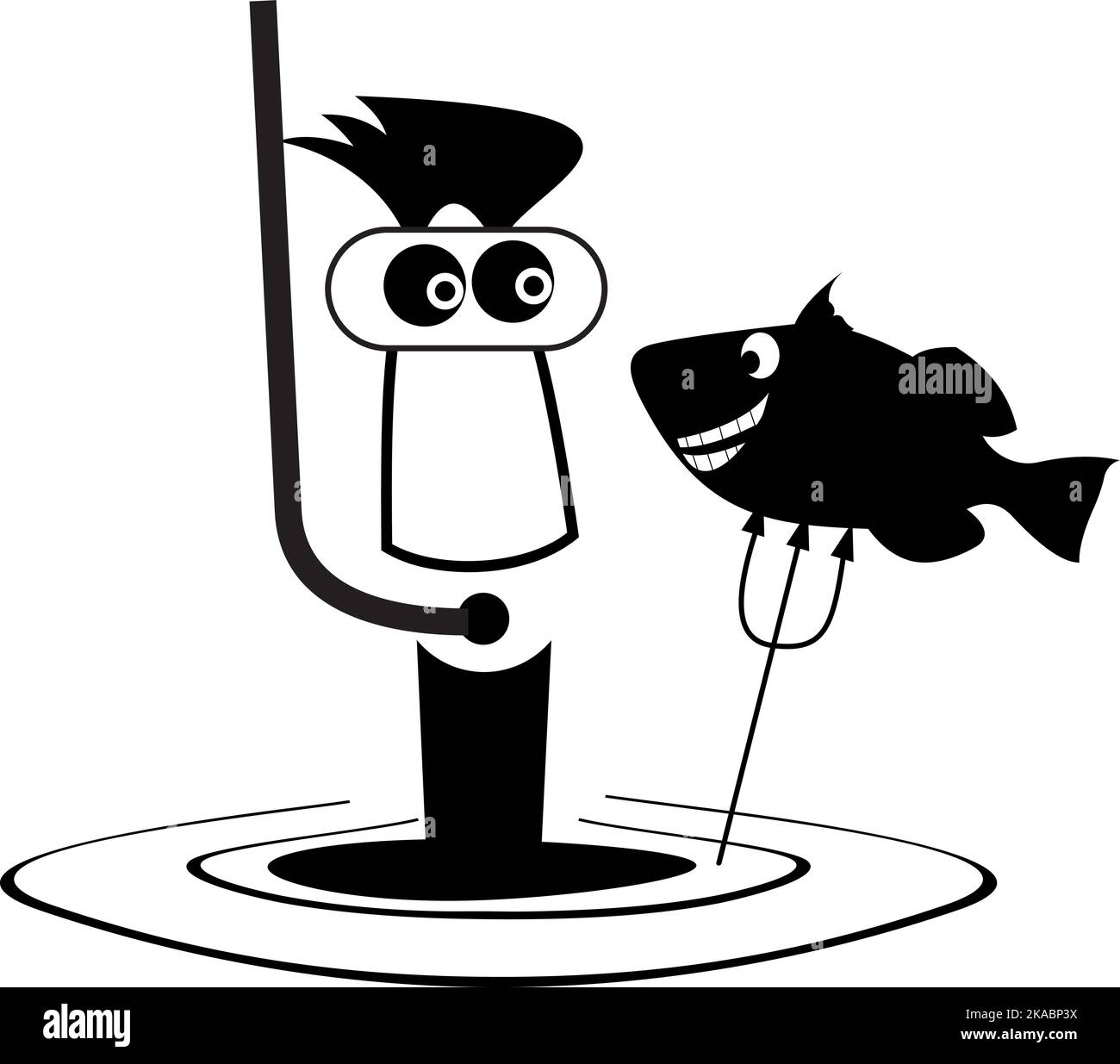 Funny spear fishing diver and fish illustration. Man in diving mask has ...