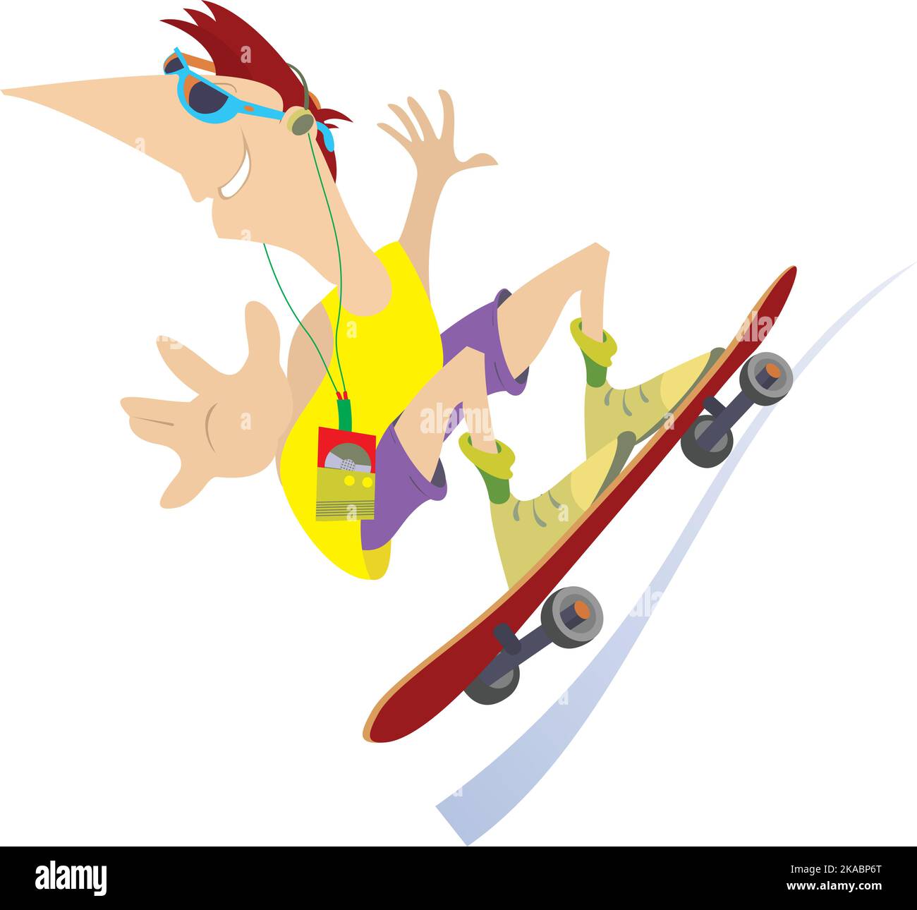 Skateboarding. Cartoon smiling man in headphones is riding on a ...