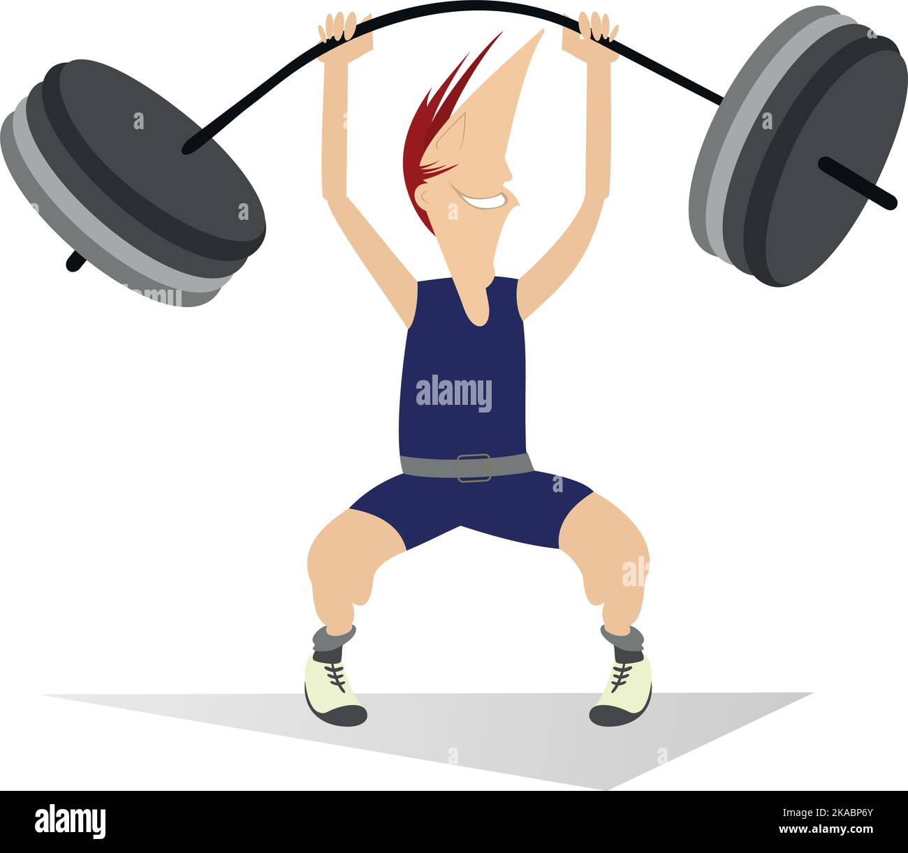 Cartoon man weightlifter isolated illustration. Funny strong man is trying to lift a heavy ...