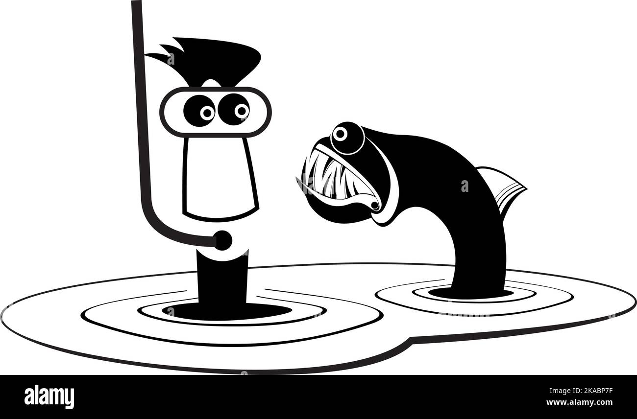 Funny spear fishing diver and fish illustration. Man in diving mask has ...