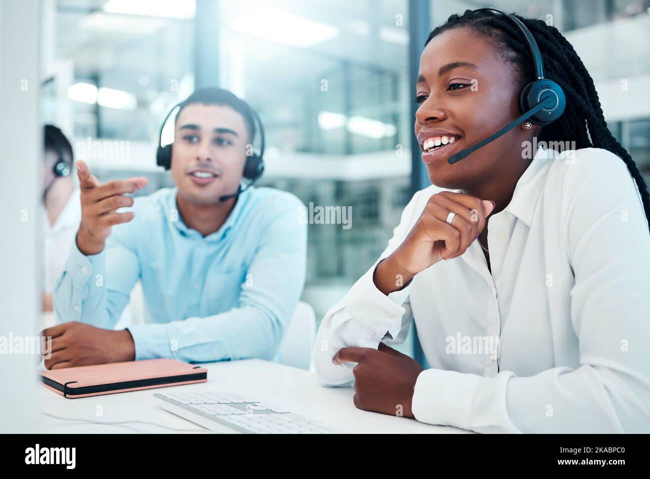 Contact us, call center and team, working together with man and black ...