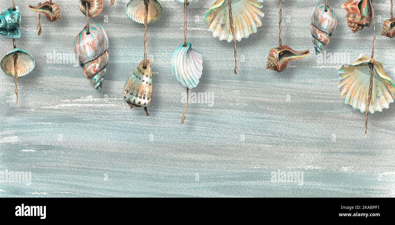 Seashells on strings are different, on a turquoise background of ...