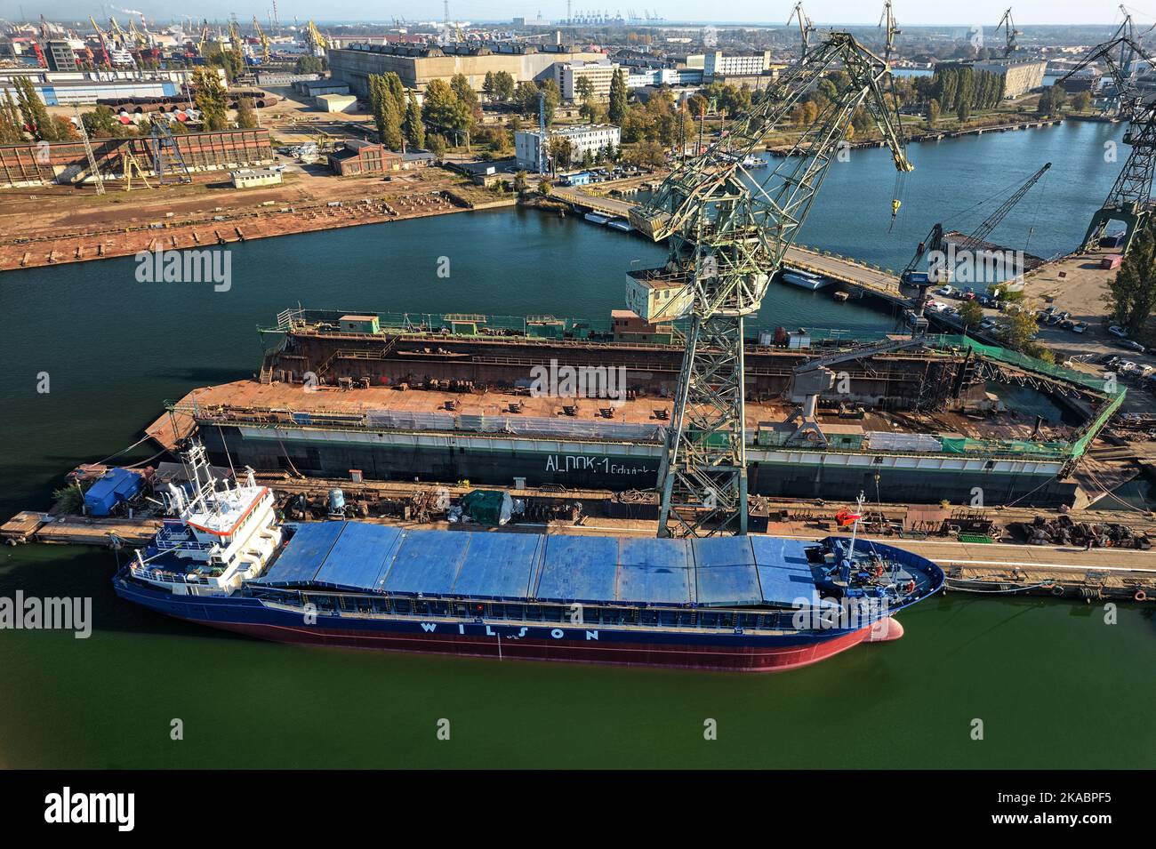 Shipyard in Gdańsk. Ship building and conversion at shipyard docks ...
