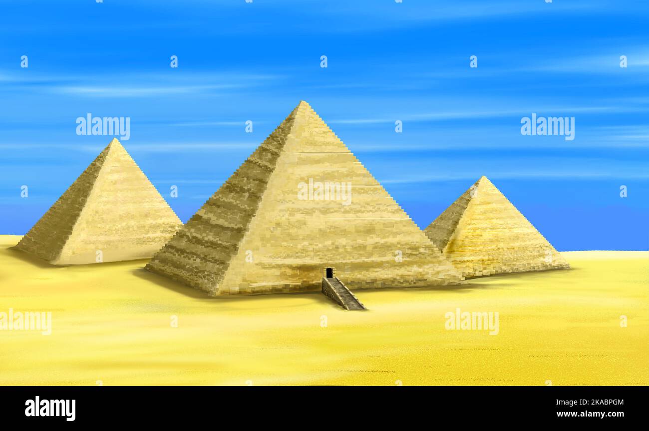 Great pyramids of Giza in Egypt on a sunny day. Digital Painting ...