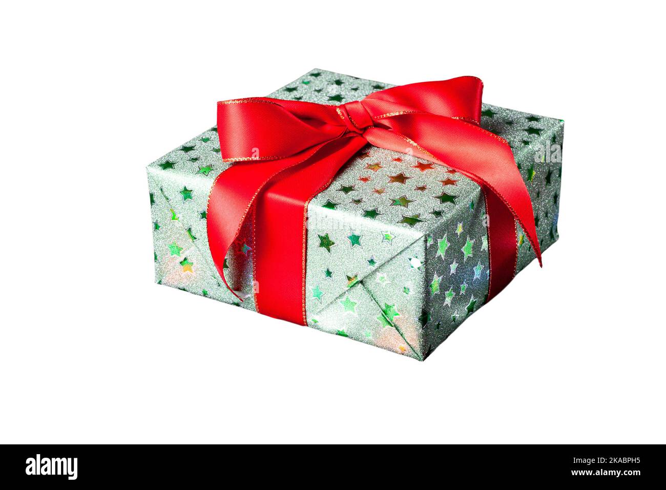 Single green gift box with red ribbon bow isolated on white background ...