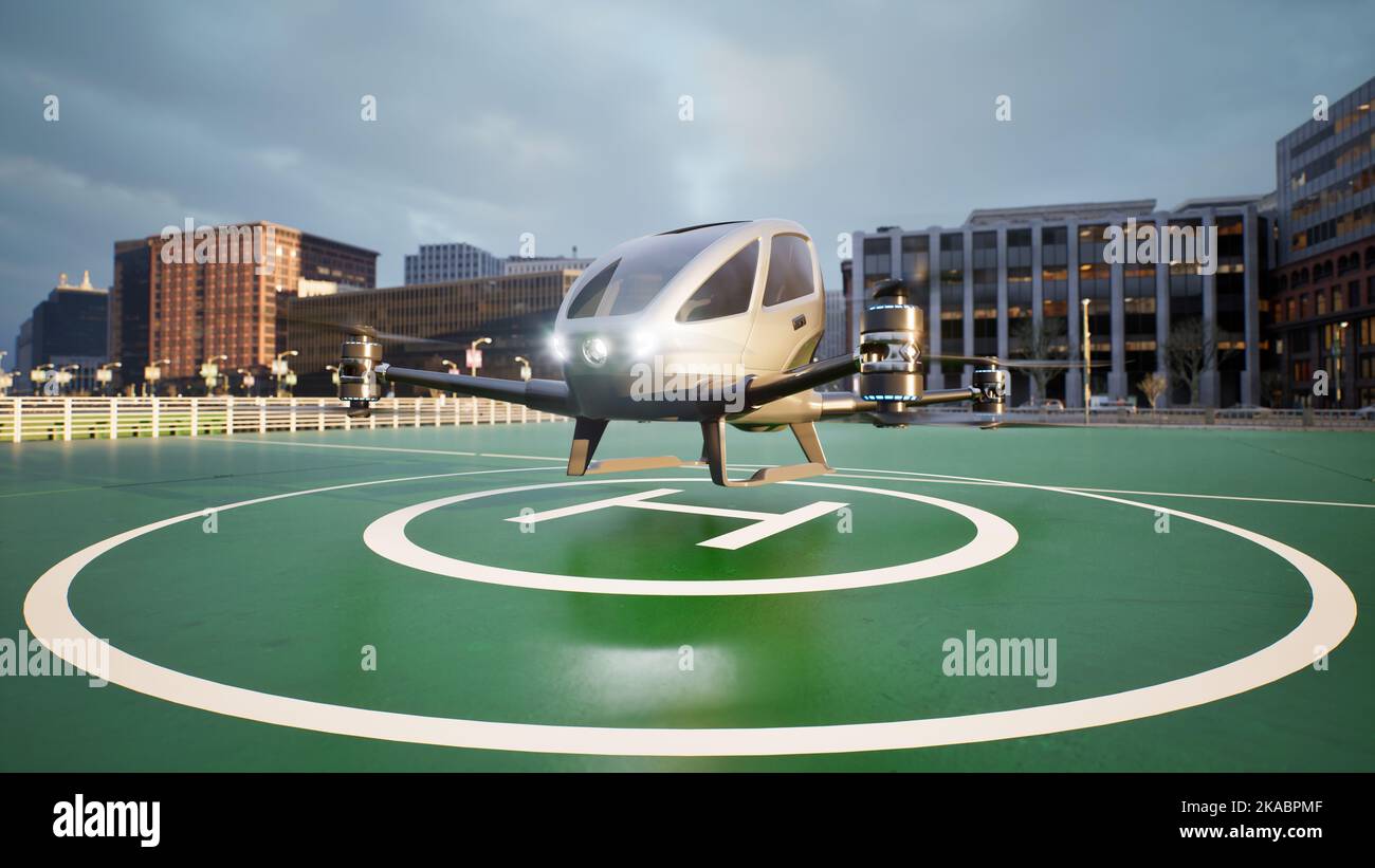 Autonomous driverless aerial vehicle fly across city, 3d render Stock ...
