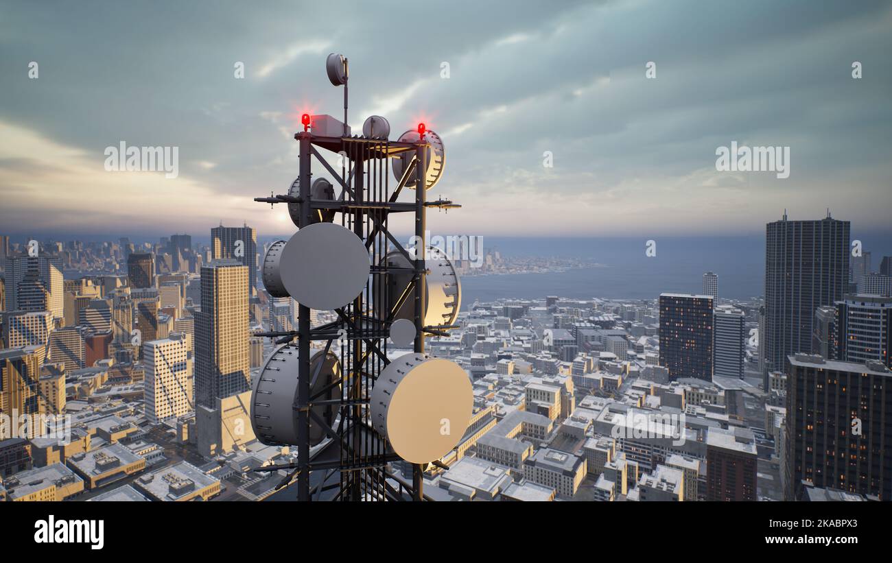 Telecommunication tower with 5G cellular network antenna on city background, 3d render Stock ...