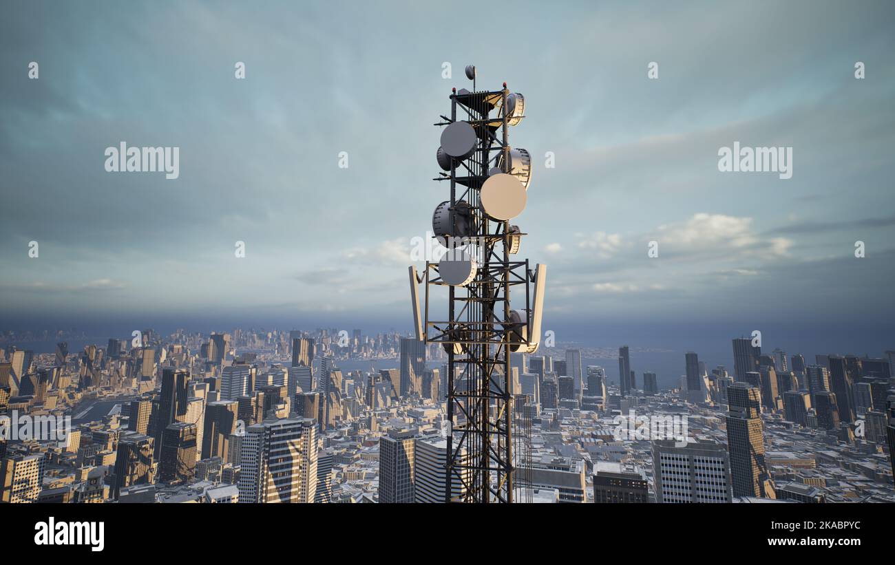 Telecommunication tower with 5G cellular network antenna on city background, 3d render Stock ...
