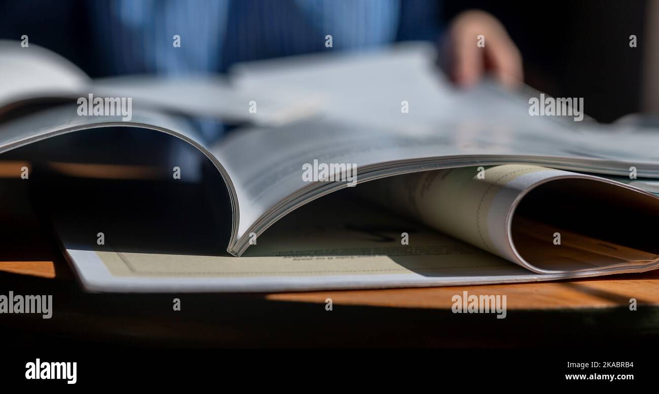 Open notebooks, books, textbooks extra close up. Education and research ...