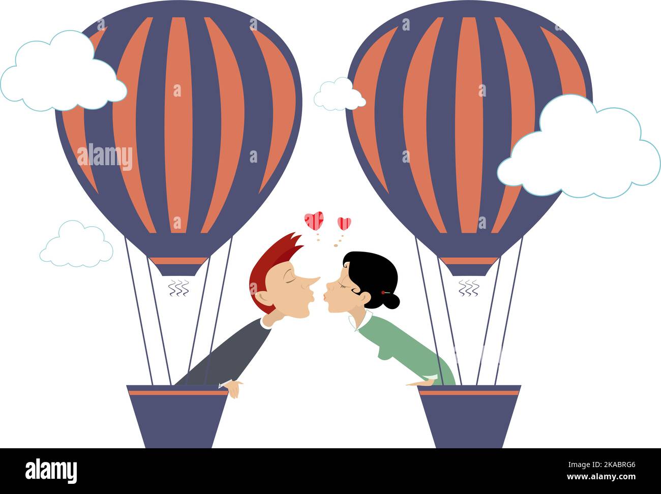 Love couple fly up on the air balloon isolated illustration. Heat ...