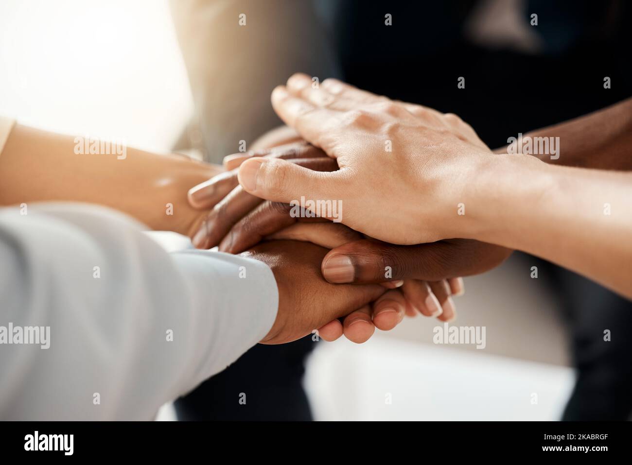 Hands, team building and meeting for a mission, goals and sales growth ...