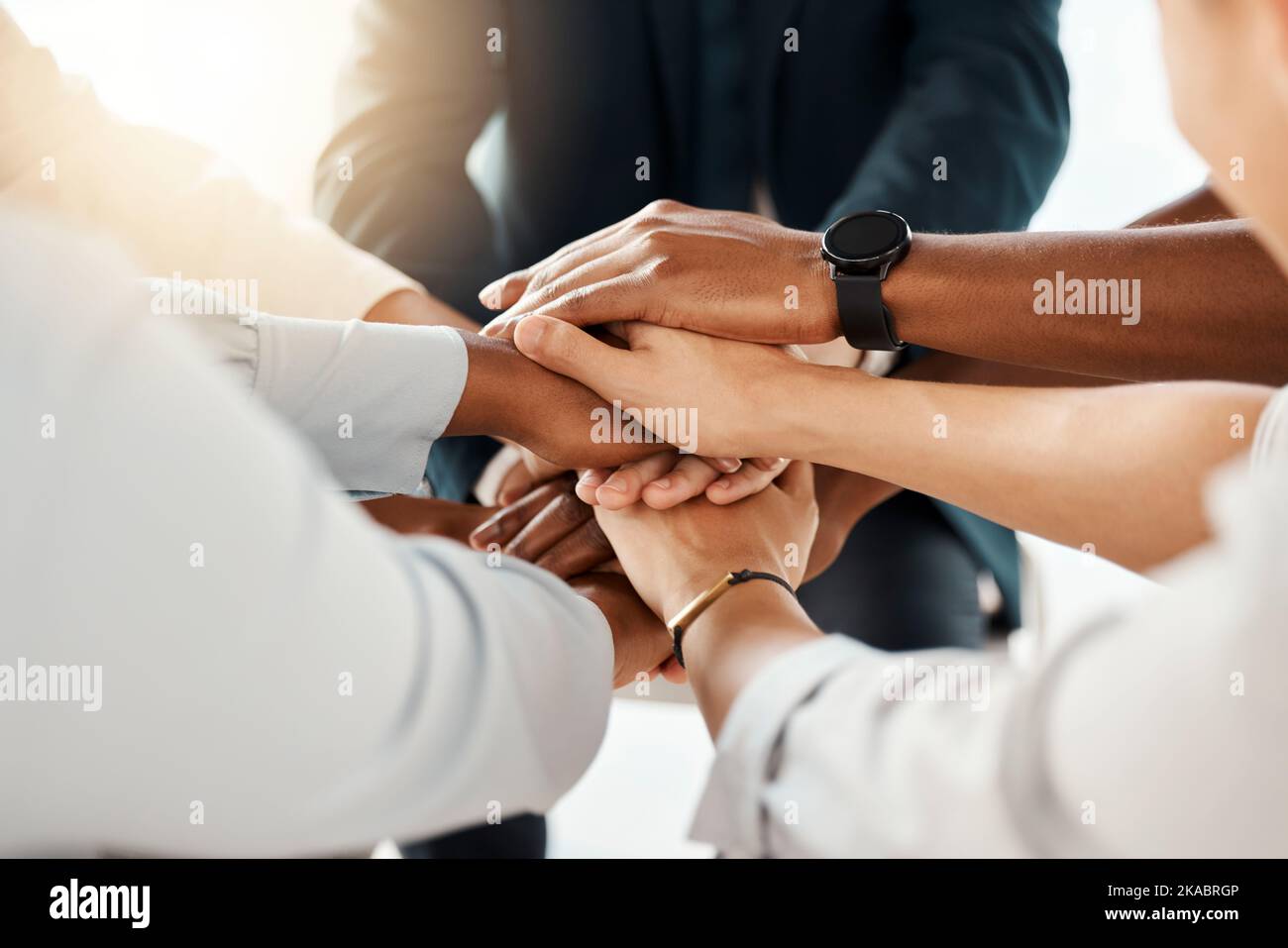 Business people, teamwork and hands in support of vision, innovation and collaboration in trust ...