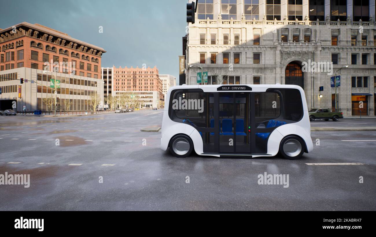 Autonomous electric bus self driving on street, Smart vehicle ...