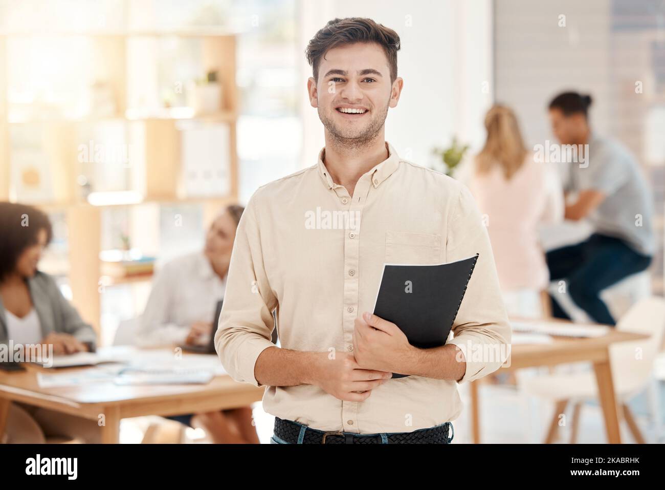 Happy, man and portrait in office with documents ready for financial ...
