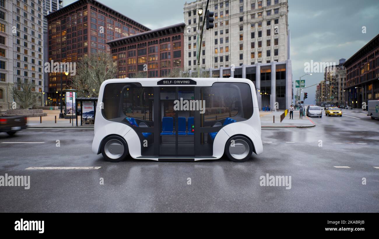 Autonomous electric bus self driving on street, Smart vehicle ...