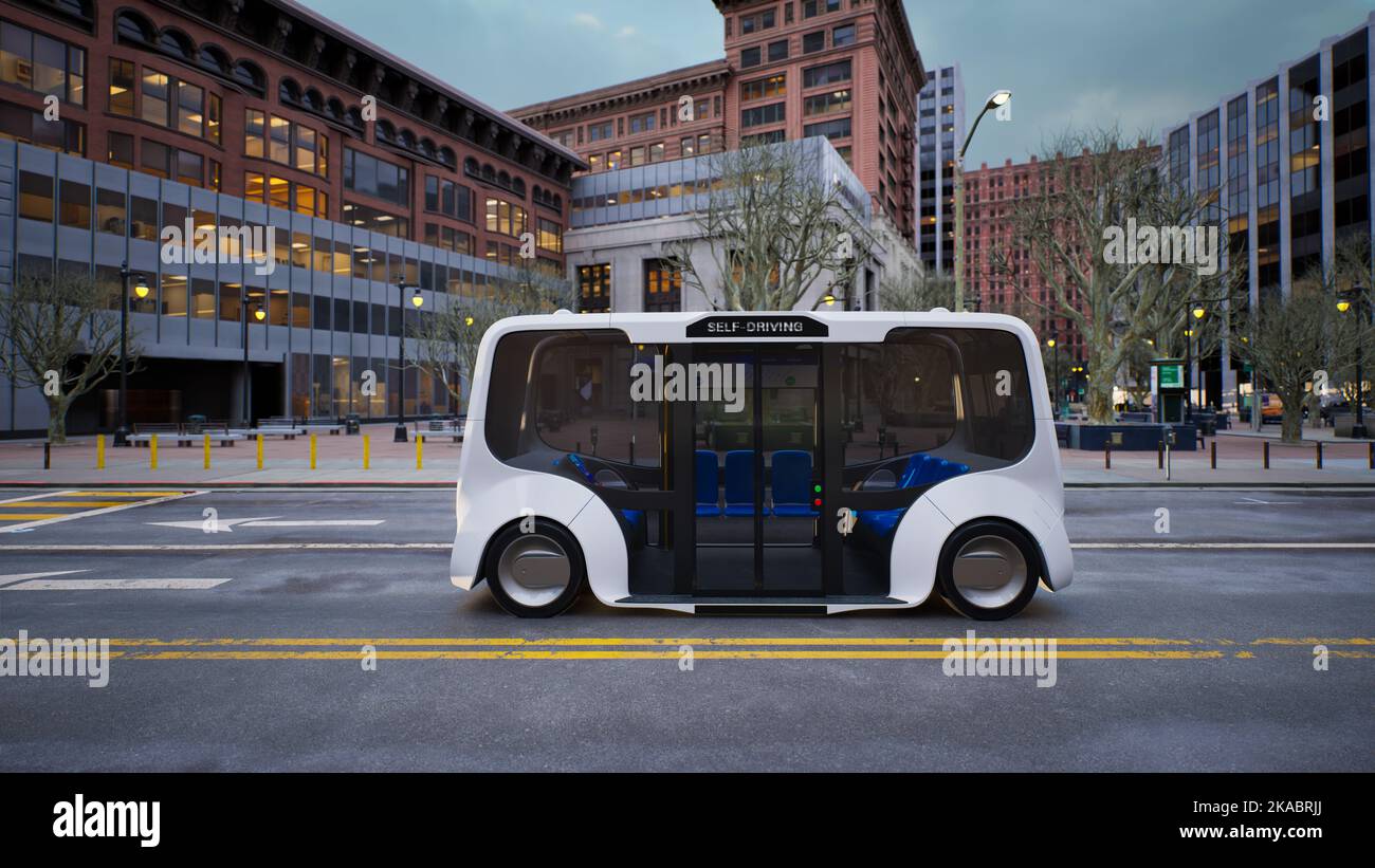 Autonomous electric bus self driving on street, Smart vehicle ...